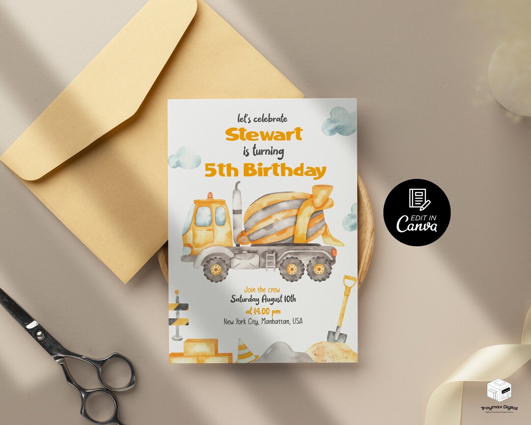 Printable Truck Machines Birthday Invitation for Kids, Editable ...