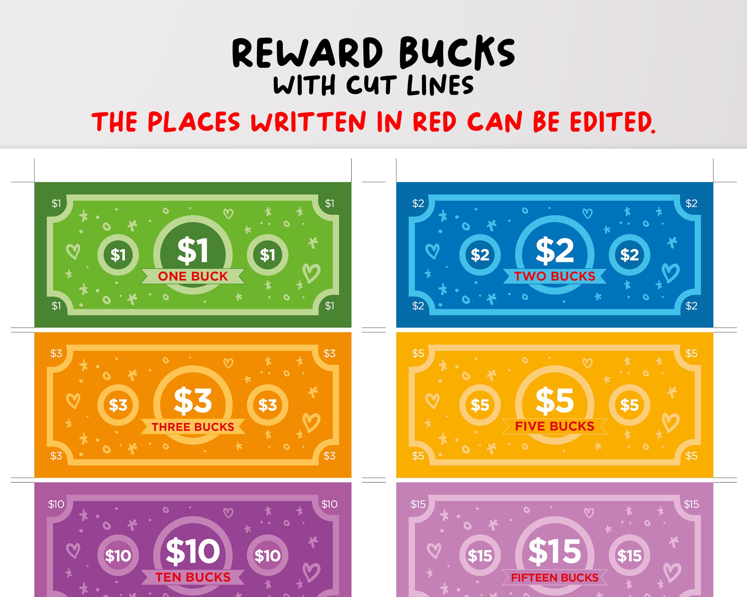 Earn Money Chore Chart, Editable Kids Reward Bucks, Earn Money Chart ...