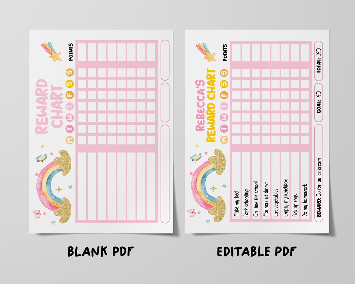 Editable Rainbow Reward Chart for Girls, Printable Chore Chart Kids ...