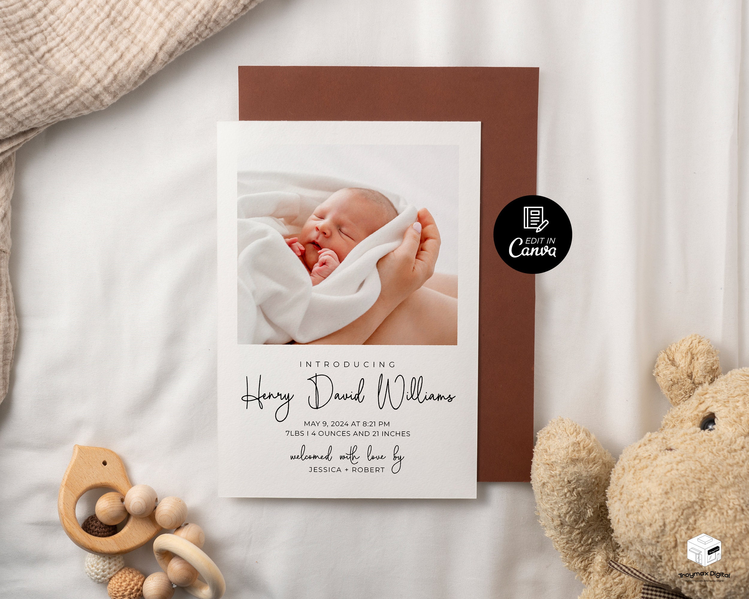 Minimalist Baby Birth Postcard, Modern Birth Announcement, Photo Baby ...