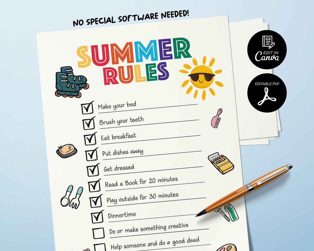 Summer Rules for Kids, Chart for Kids Editable, Summer Rules Editable ...