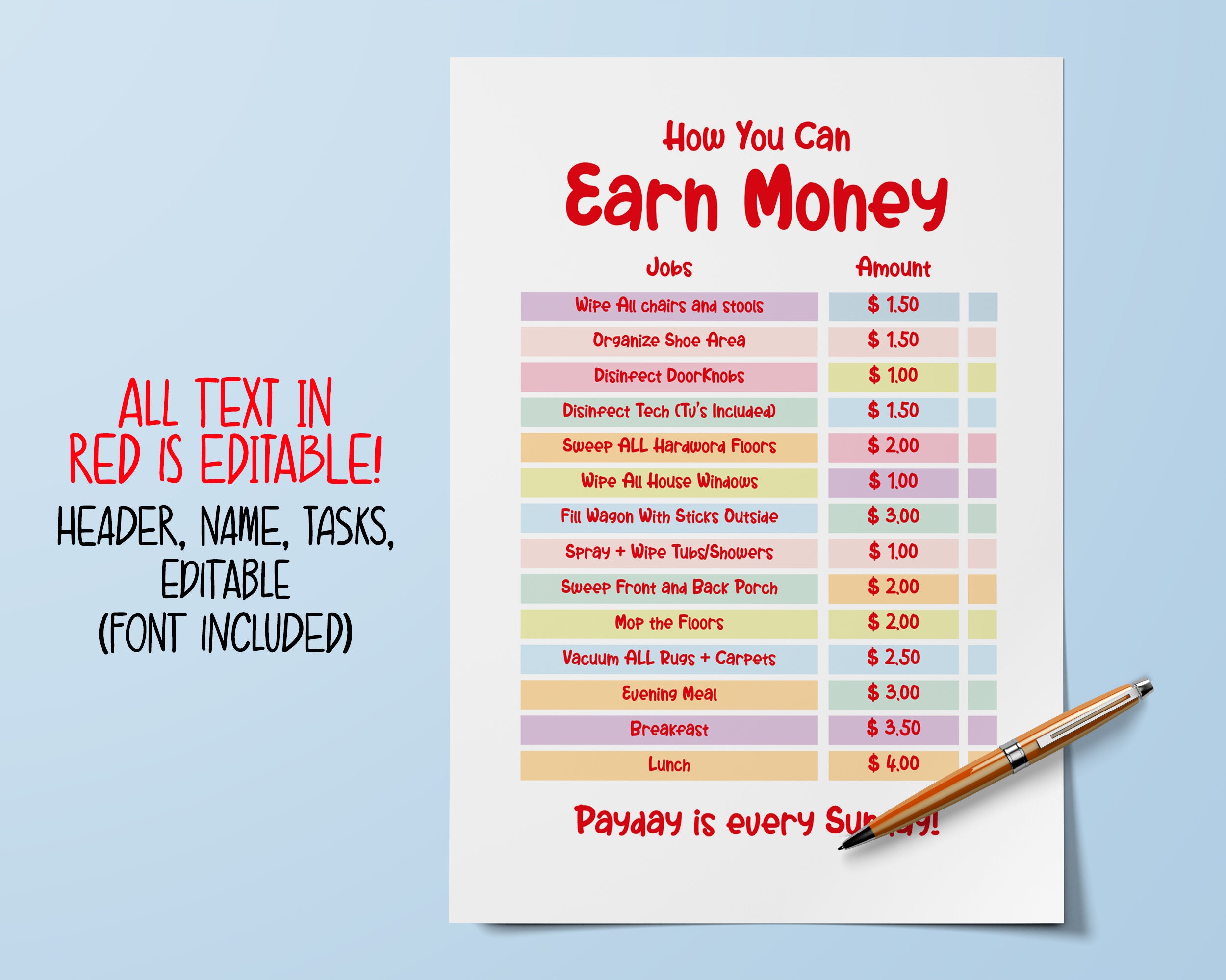 How to Earn Money Chore Chart, Editable Allowance Chart, Reward Chart ...