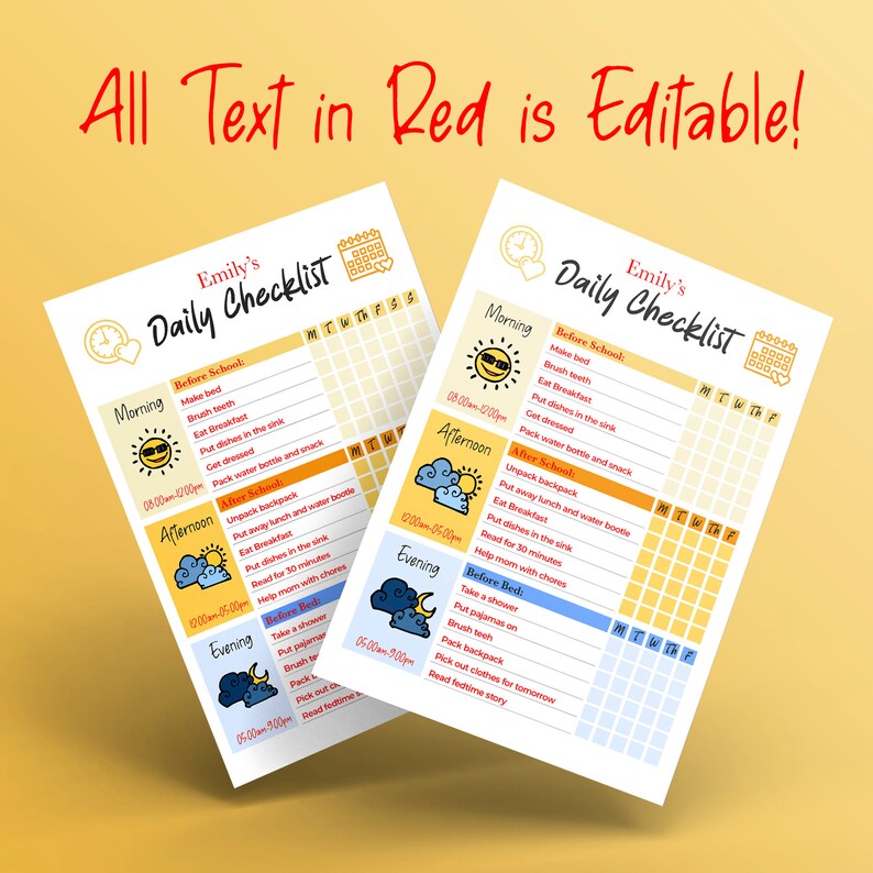 Editable Daily Checklist for Kids, Editable Chore Chart, Daily Schedule ...
