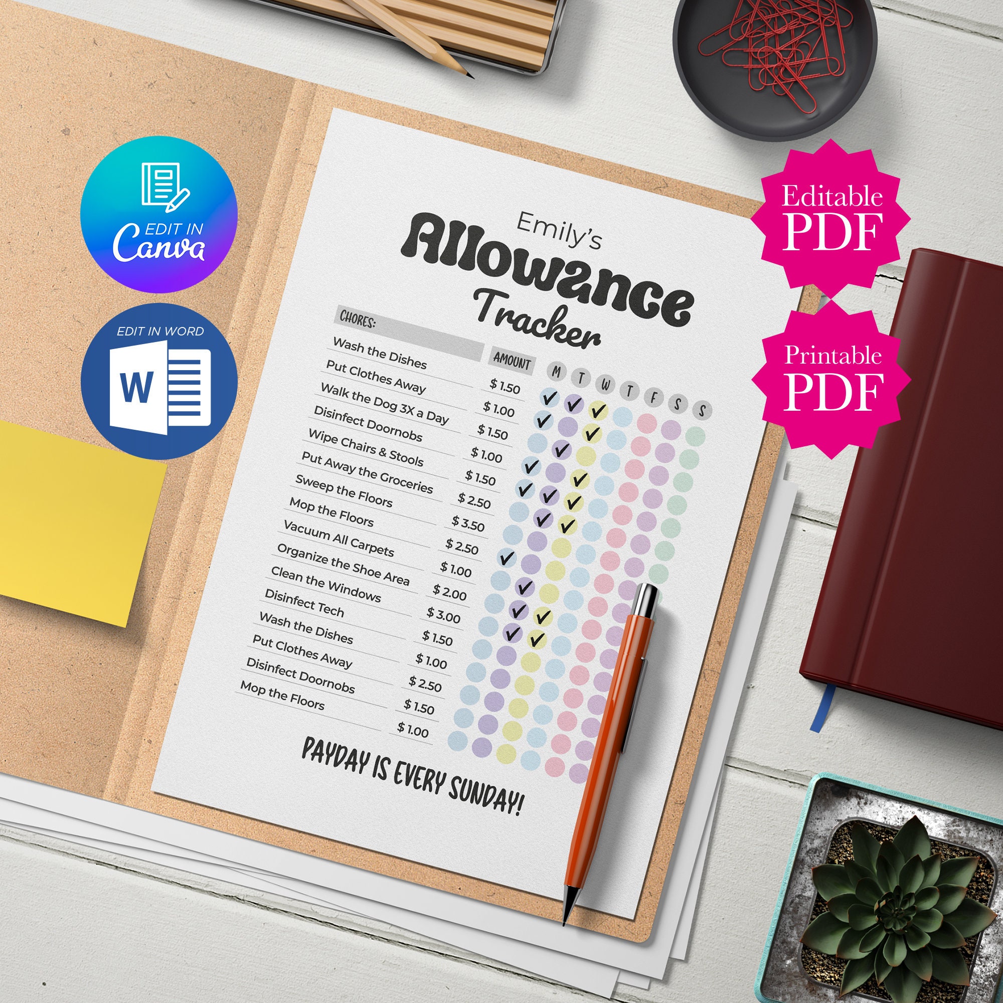 Editable Allowance Tracker Kids, Earn Money Chart, Daily Weekly ...