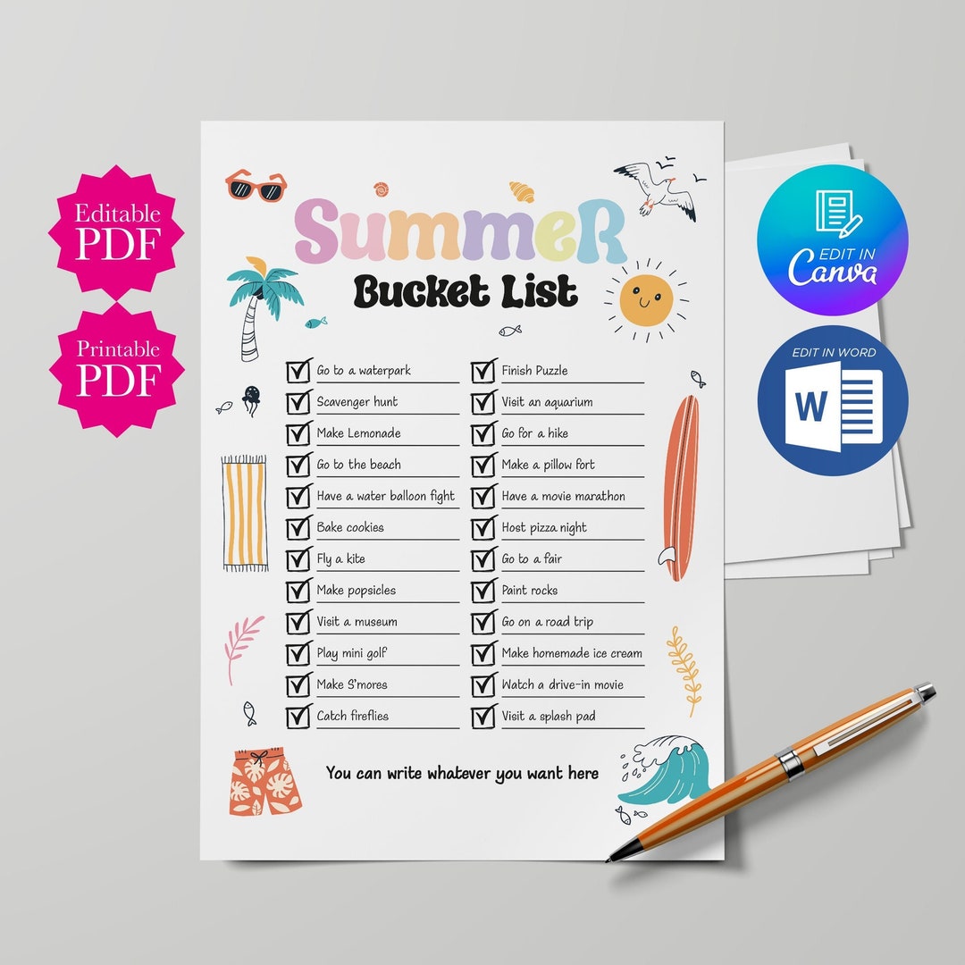 Summer Bucket List for Kids Chart for Kids Editable Summer - Etsy