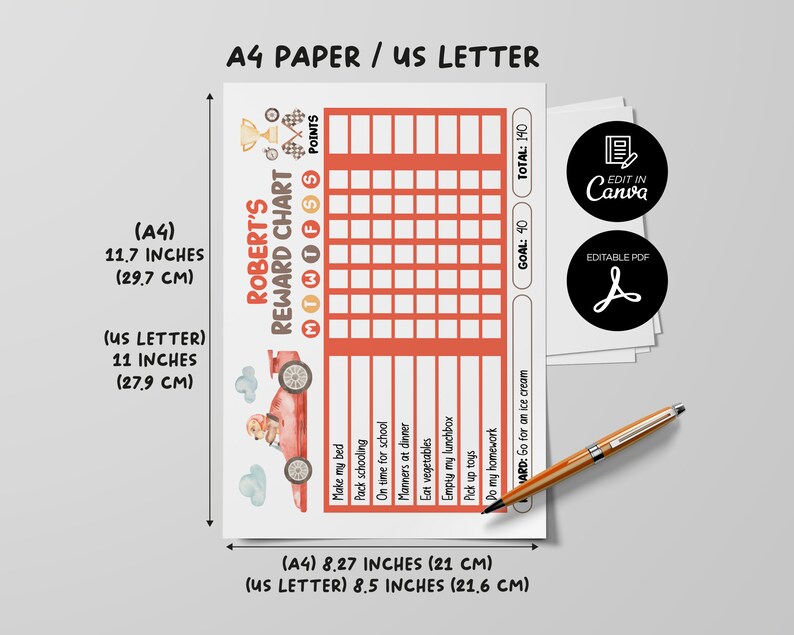 Editable Race Car Reward Chart, Printable Chore Chart for Kids, Good ...