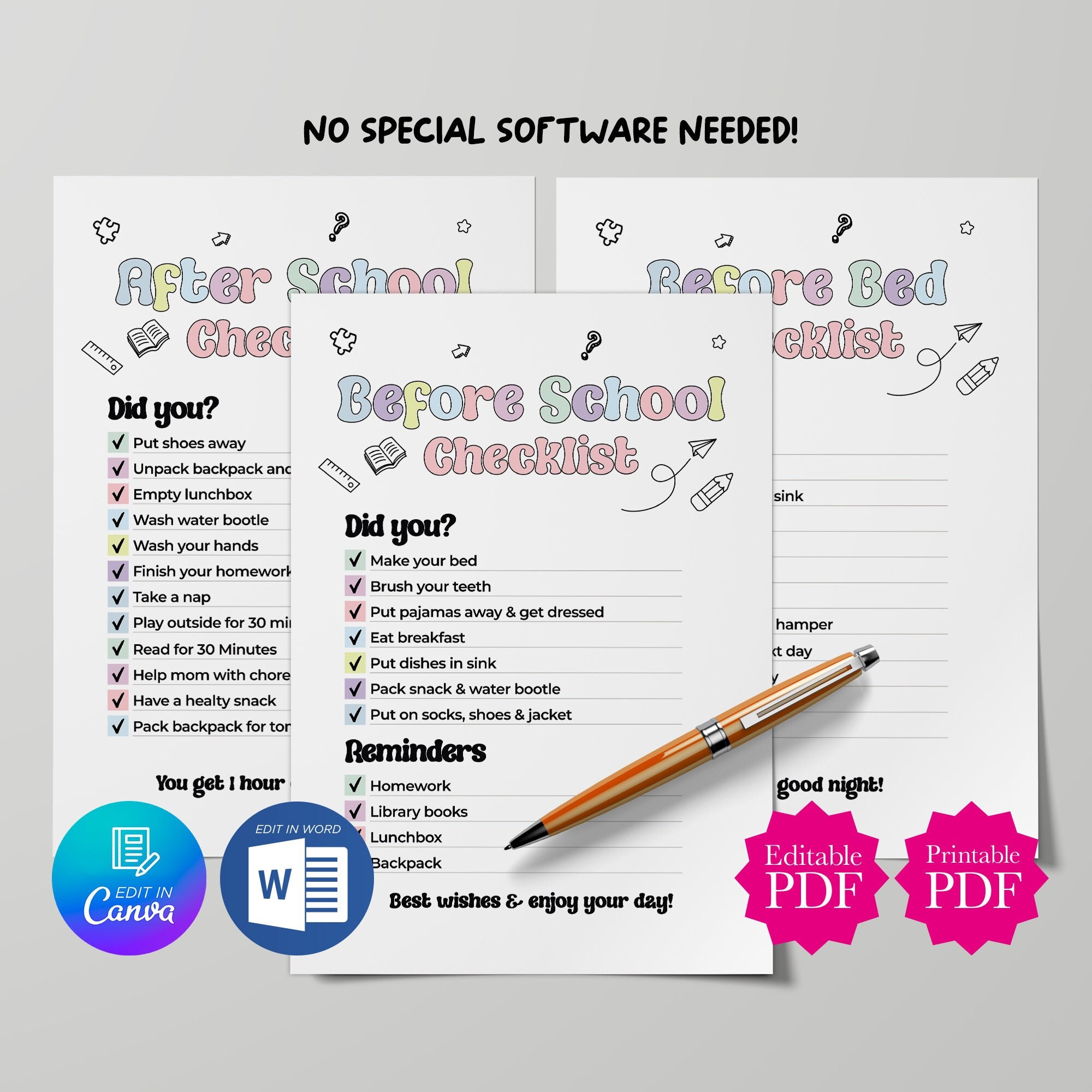 Editable Schoolday Checklist for Kids, Daily Routine, Before School ...