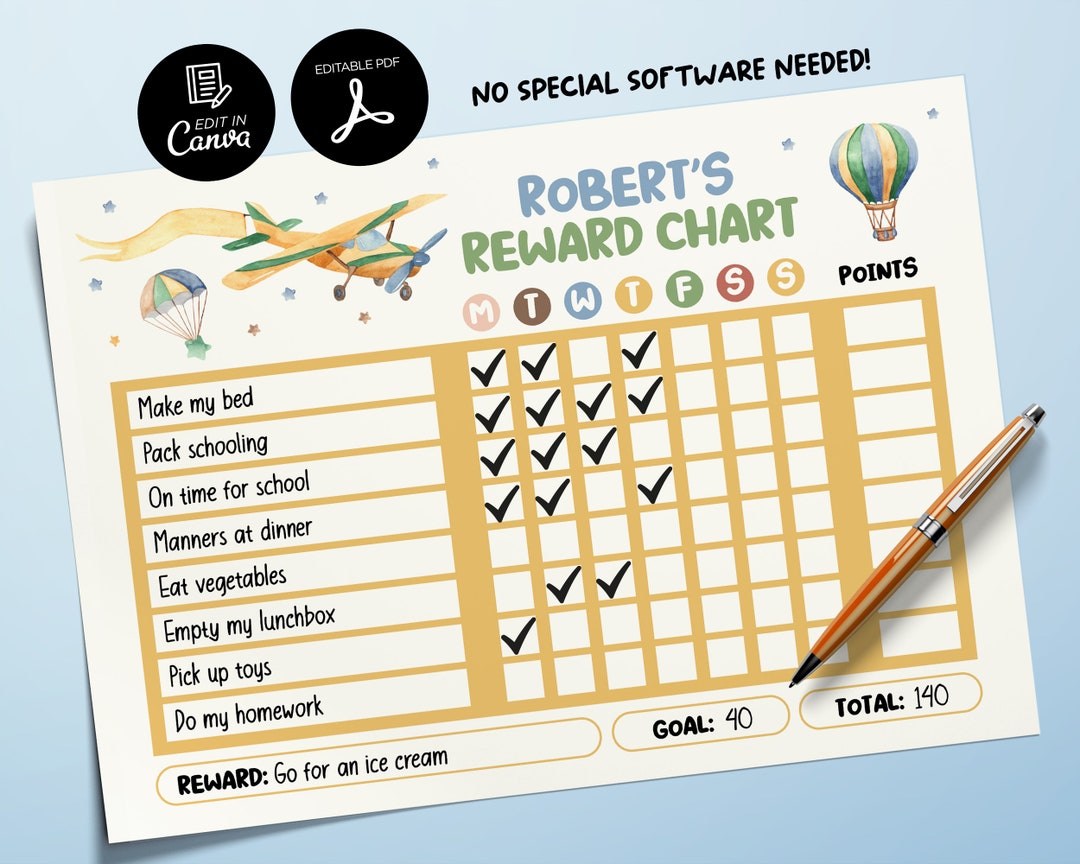 Editable Plane Reward Chart, Printable Chore Chart for Kids, Rainbow ...