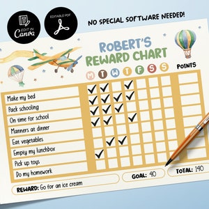 Editable Plane Reward Chart, Printable Chore Chart for Kids, Rainbow ...