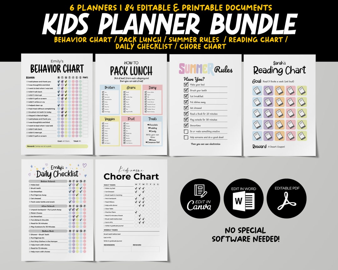 Behavior Chart for Kids, Pack Lunch Editable, Summer Rules Printable ...