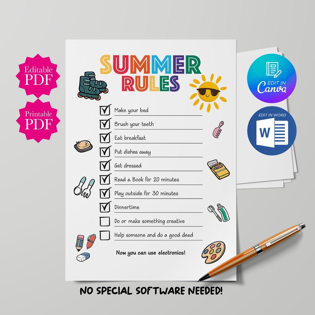 Summer Rules for Kids Chart for Kids Editable Summer Rules - Etsy