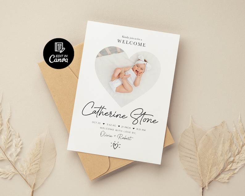 Heart Baby Announcement, Newborn Postcard, Baby Birth Announcement With ...