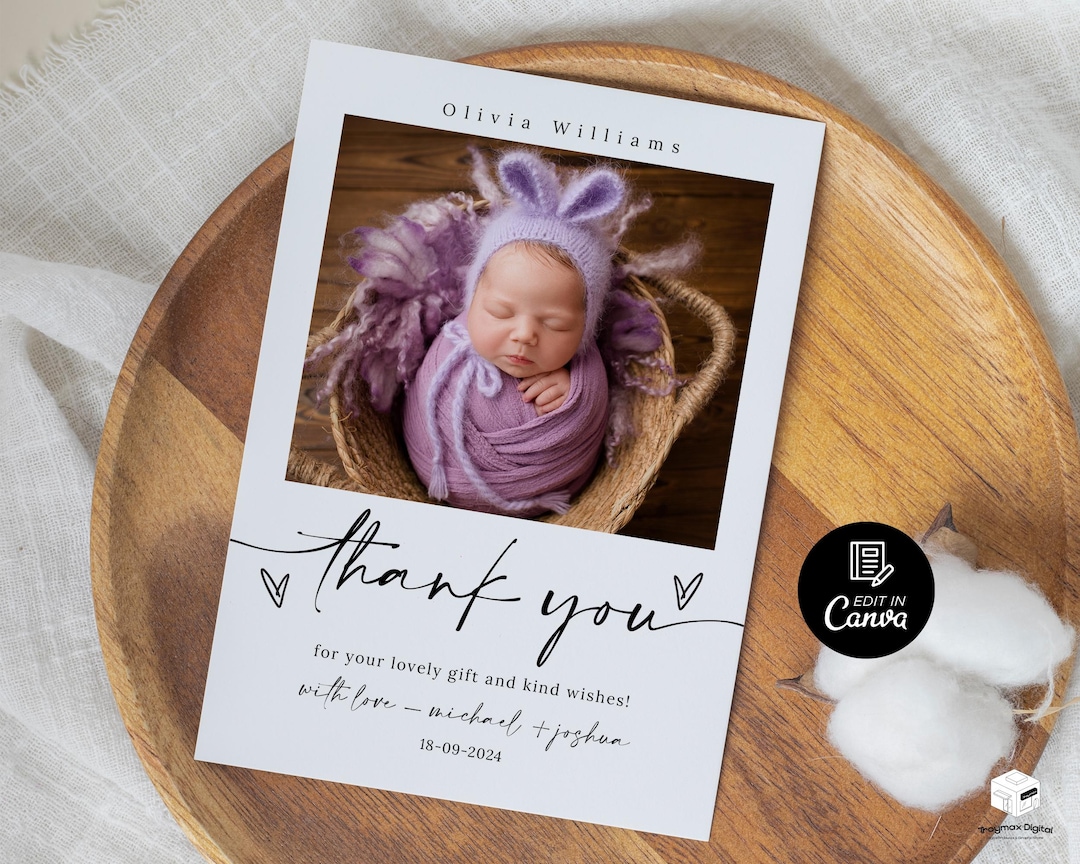 Photo Thank You Card for Newborn Baby With Name, Birth Card ...