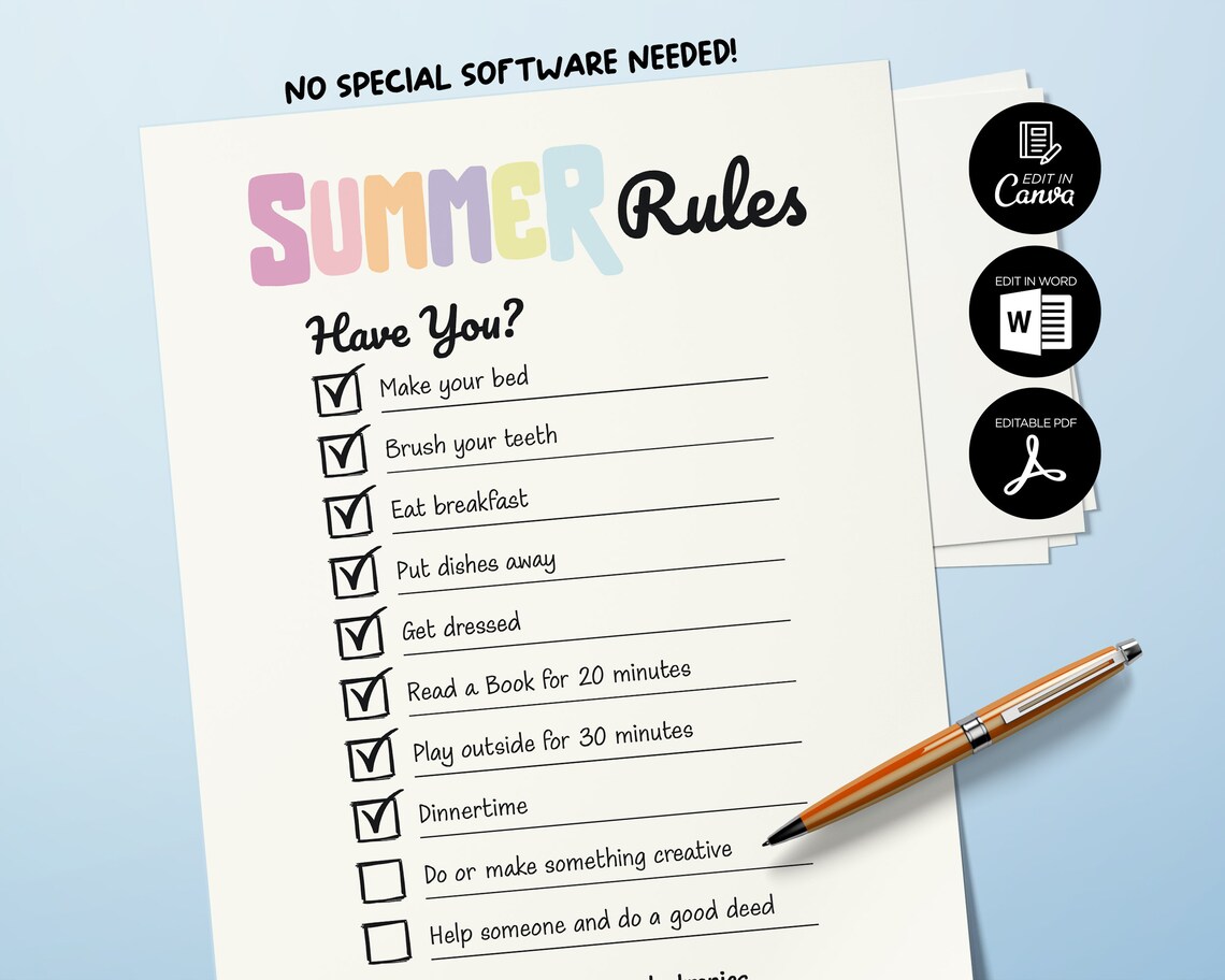 Printable Summer Rules for Kids, Summer Chart for Kids Editable, Summer ...