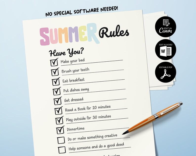 Printable Summer Rules for Kids Summer Chart for Kids - Etsy
