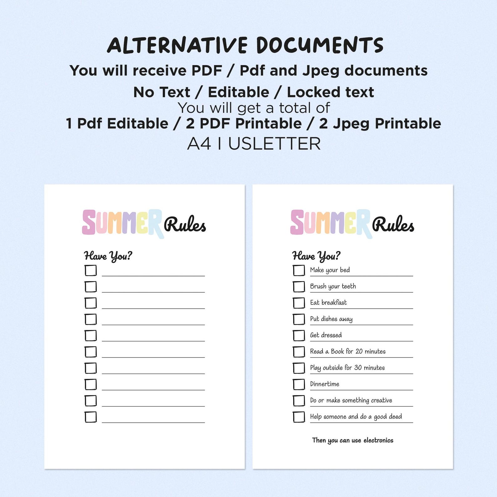 Printable Summer Rules for Kids, Summer Chart for Kids Editable, Summer ...