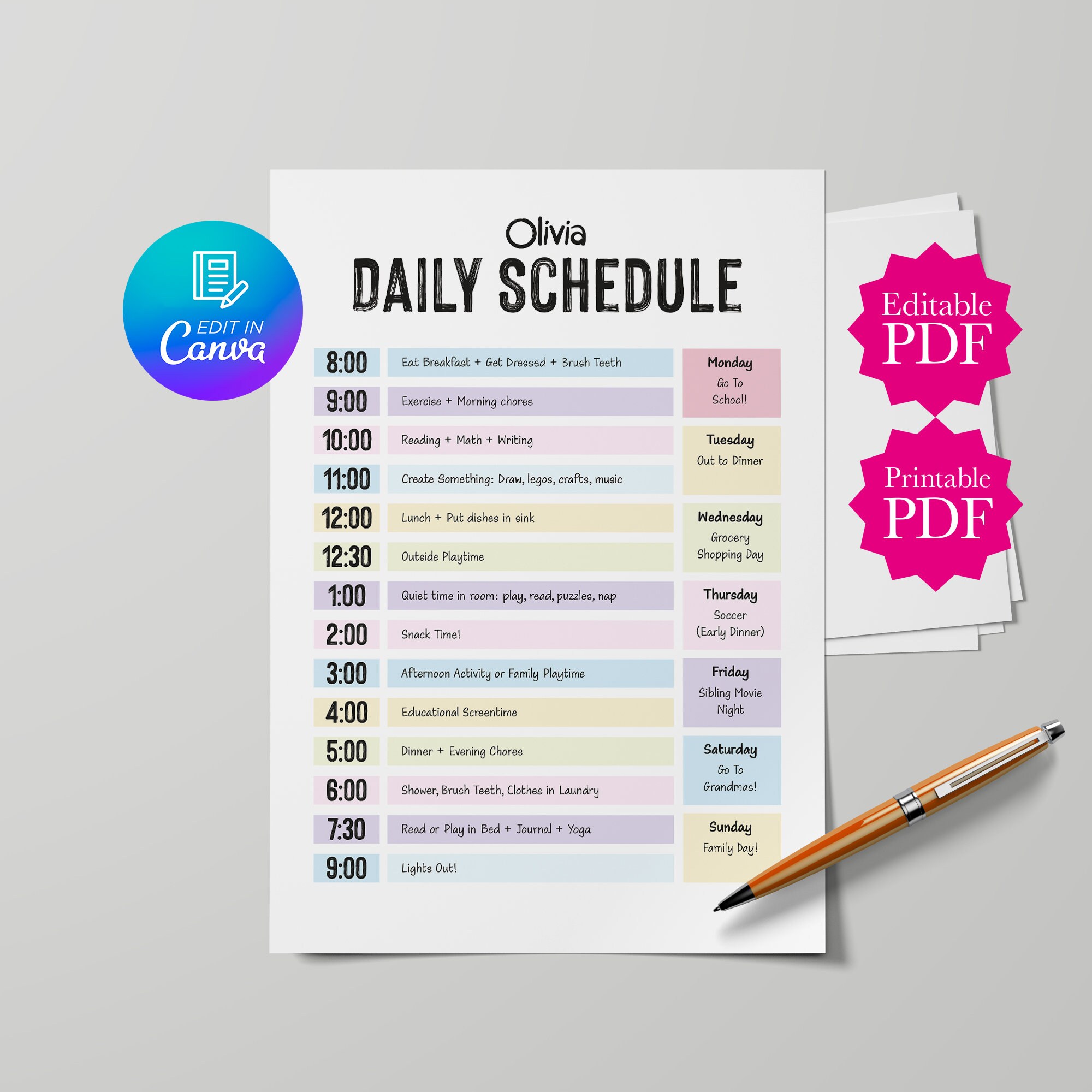 Daily Checklist for Kids, Daily Routine Editable, Weekly Chores ...