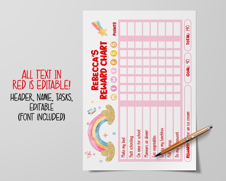 Editable Rainbow Reward Chart for Girls, Printable Chore Chart Kids ...