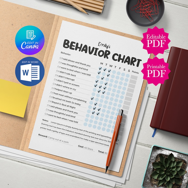 Editable Behavior Reward Chart for Kids, Good Behavior Tracking ...