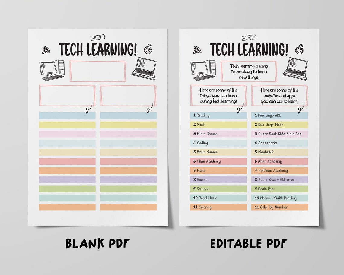 Tech Learning Planner, Educational Screen Time Ideas Chart for Kids ...