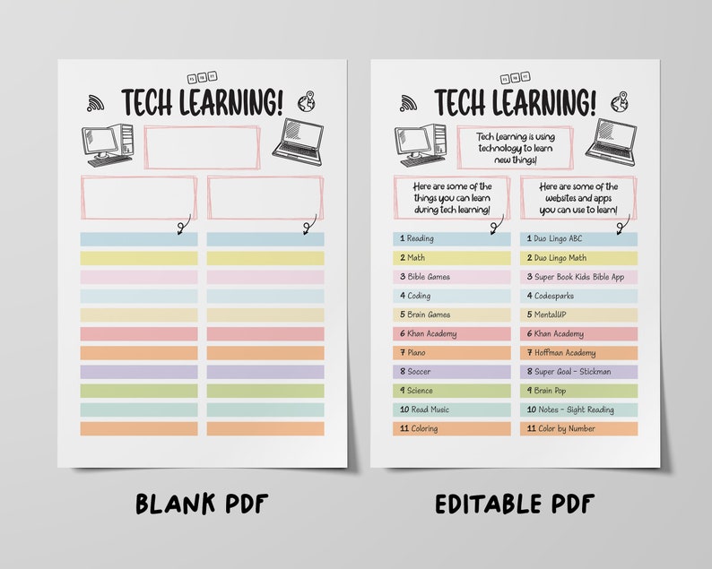 Tech Learning Planner, Educational Screen Time Ideas Chart for Kids ...