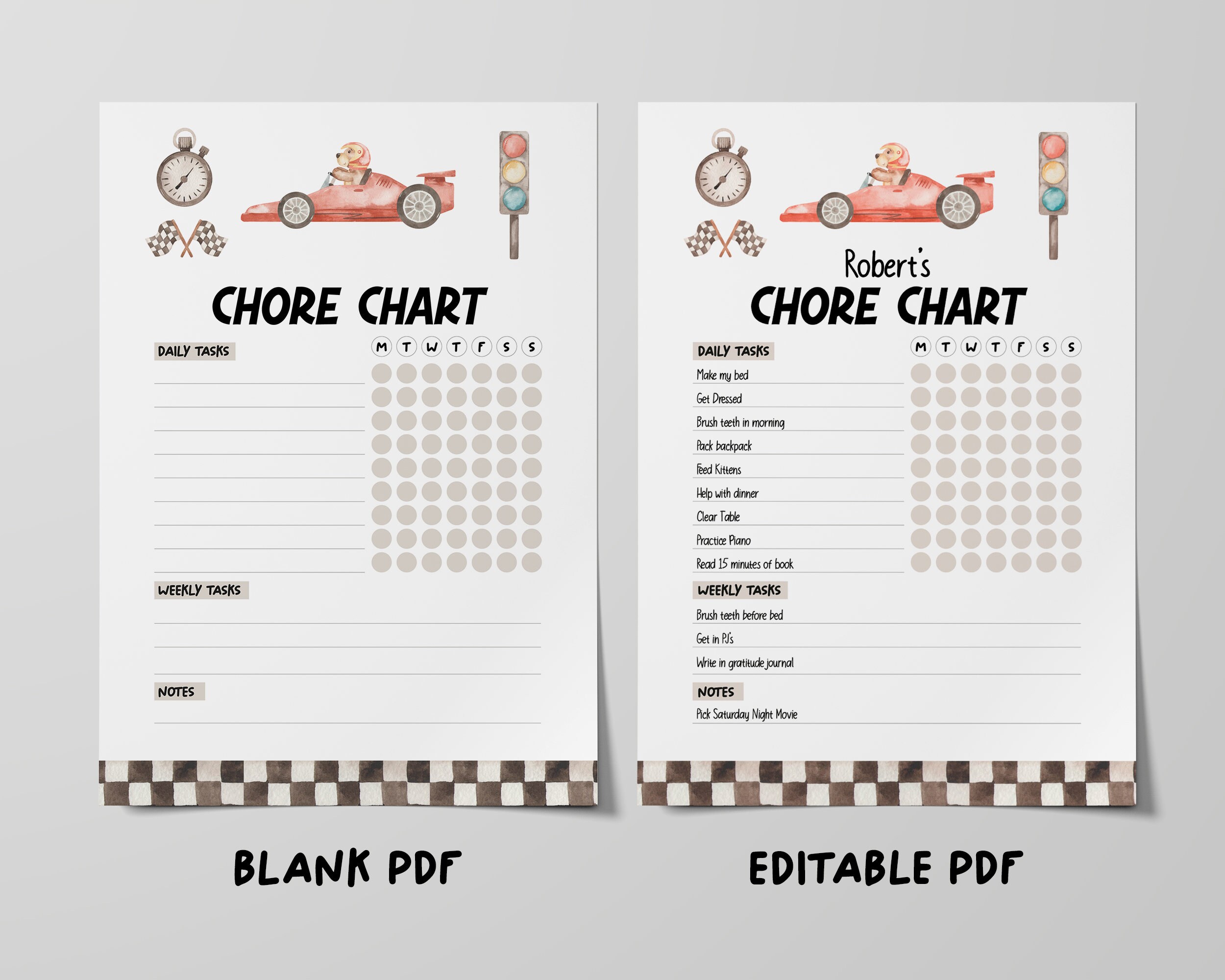 Editable Daily Chore Chart, Cute Racing Car Theme Behavior Chart for ...