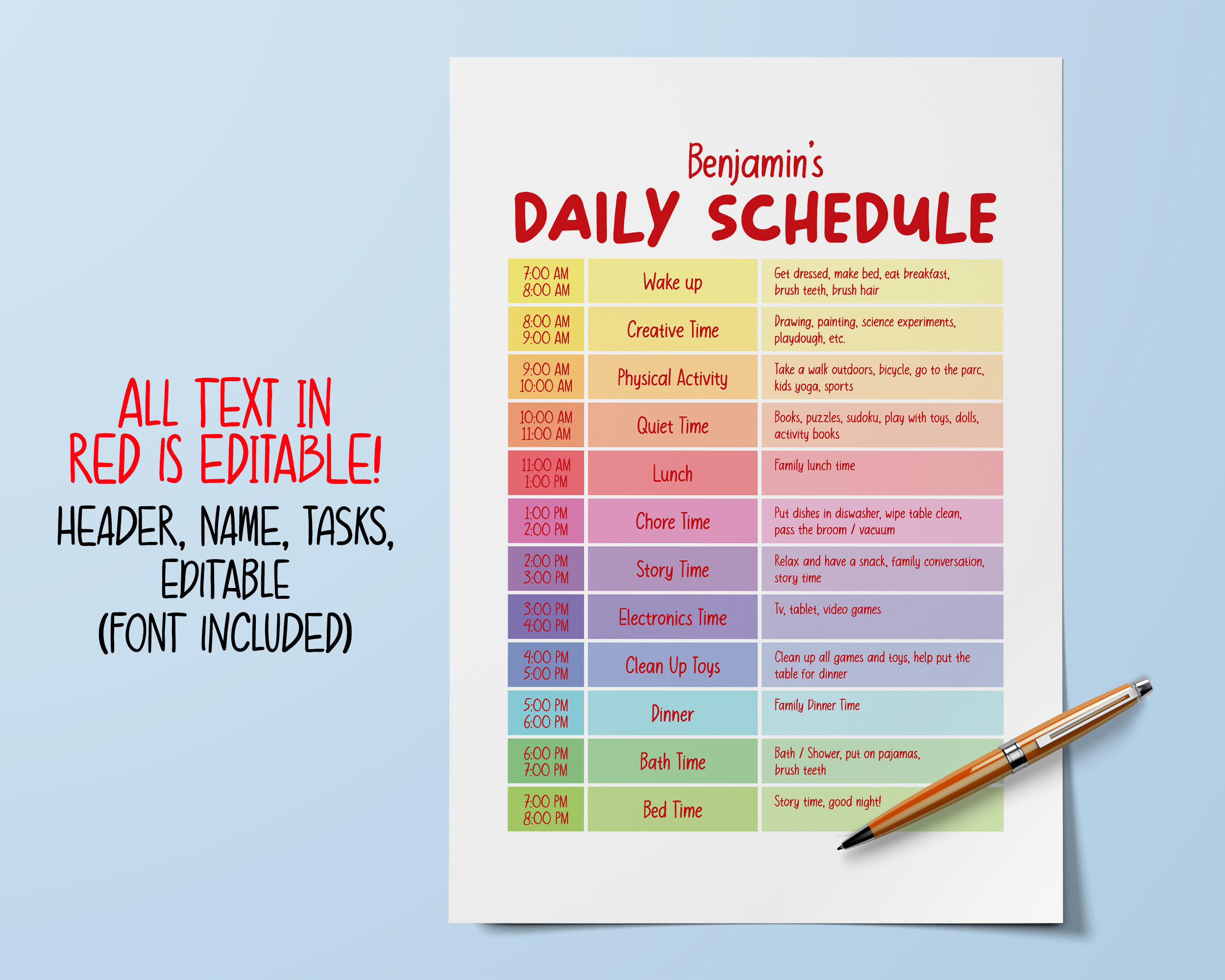 Editable Colorful Daily Schedule for Kids, Printable Daily Planner for ...