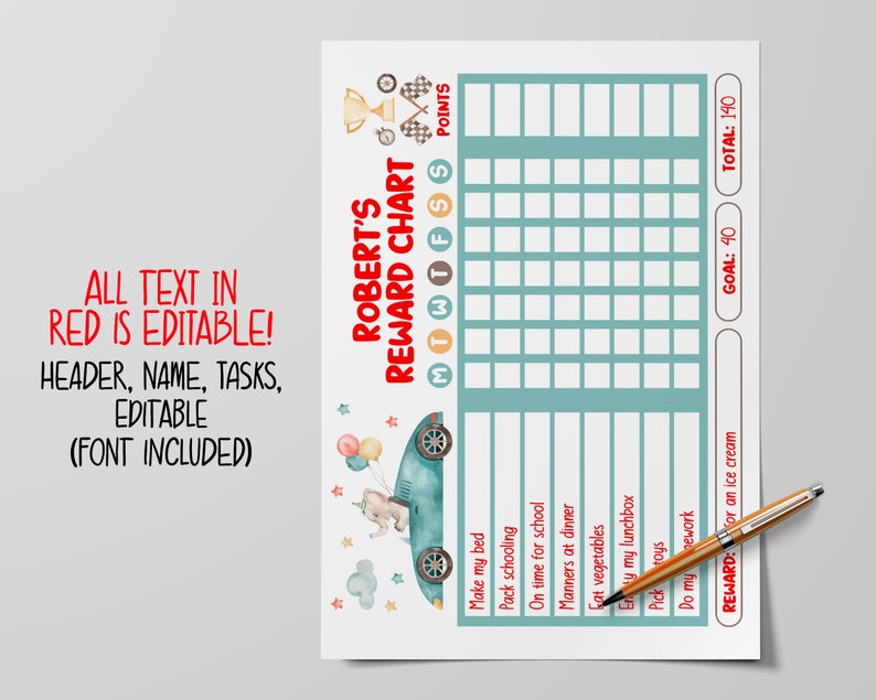 Editable Race Car Reward Chart, Printable Chore Chart for Kids, Good ...