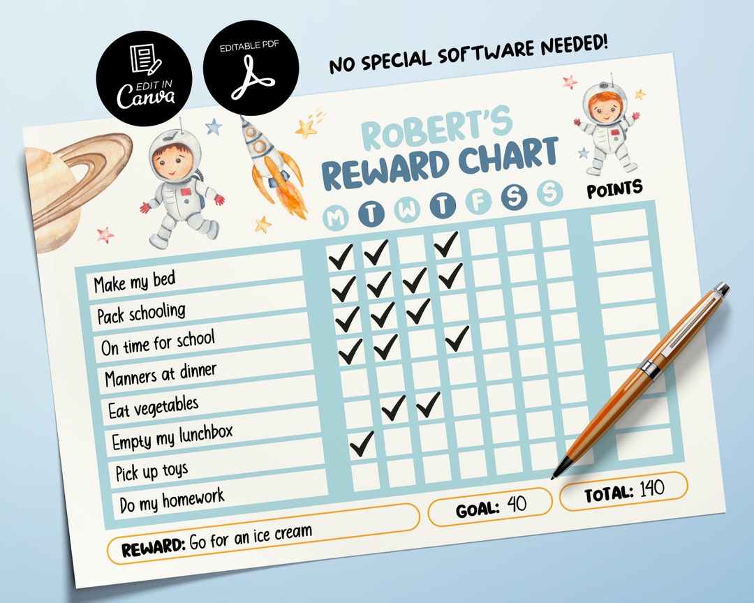 Editable Space Kids Reward Chart, Printable Chore Chart for Kids, Good ...