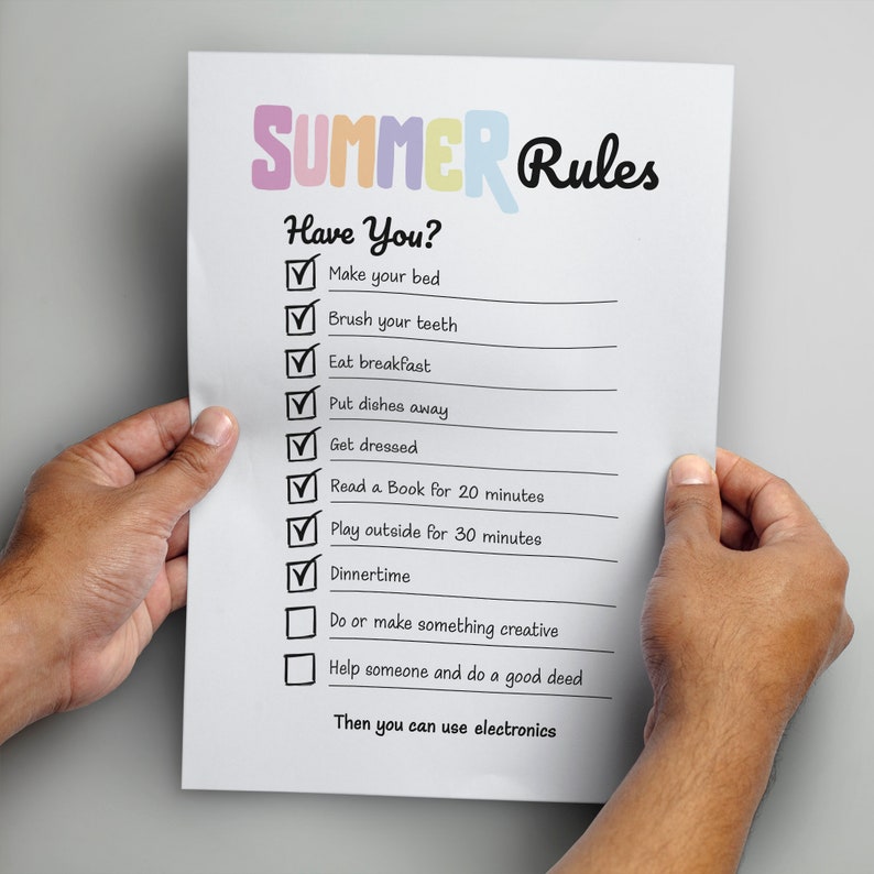 Printable Summer Rules for Kids, Summer Chart for Kids Editable, Summer ...