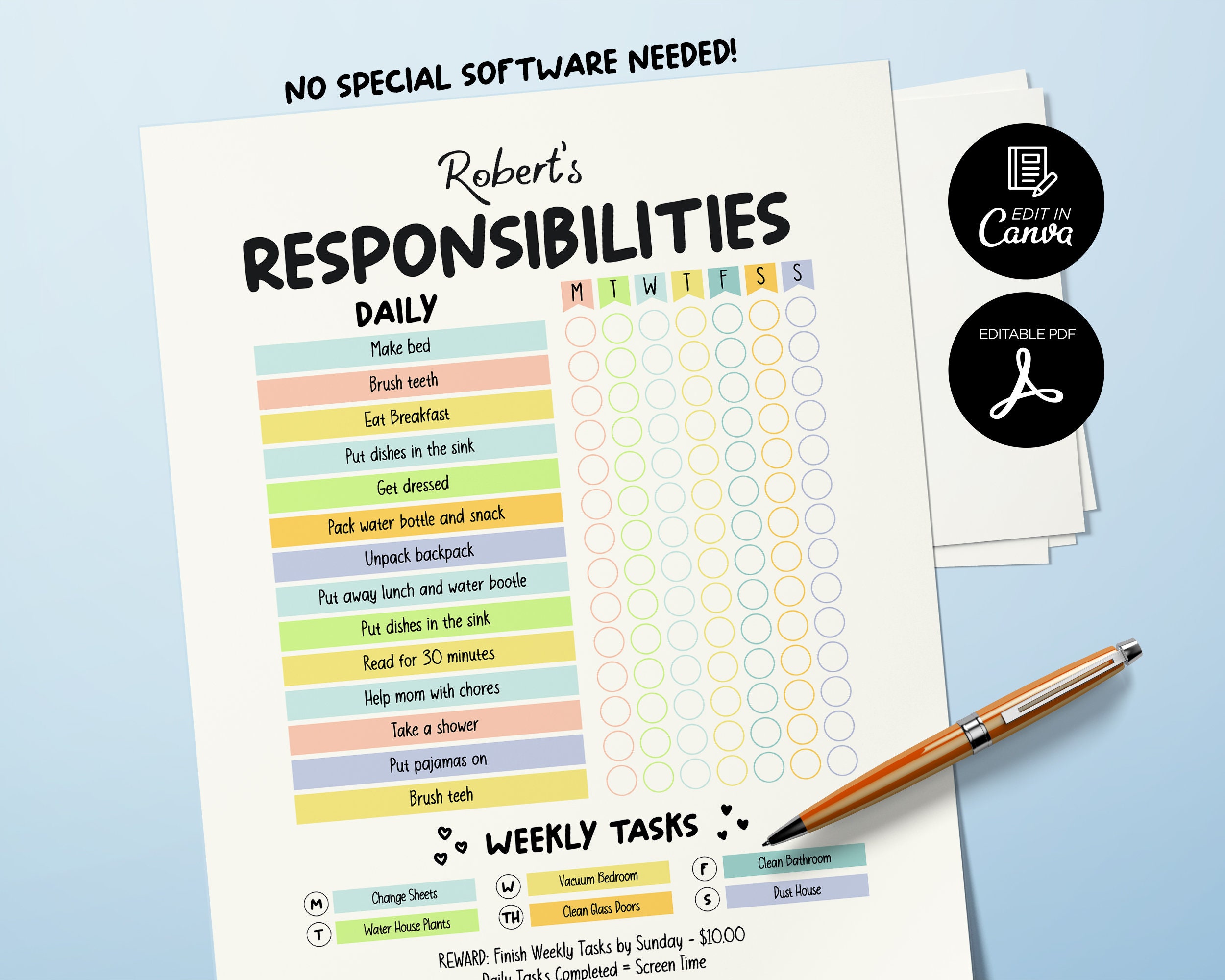 Kids Responsibilities Chart Printable, Daily Planner for Kids, Editable ...