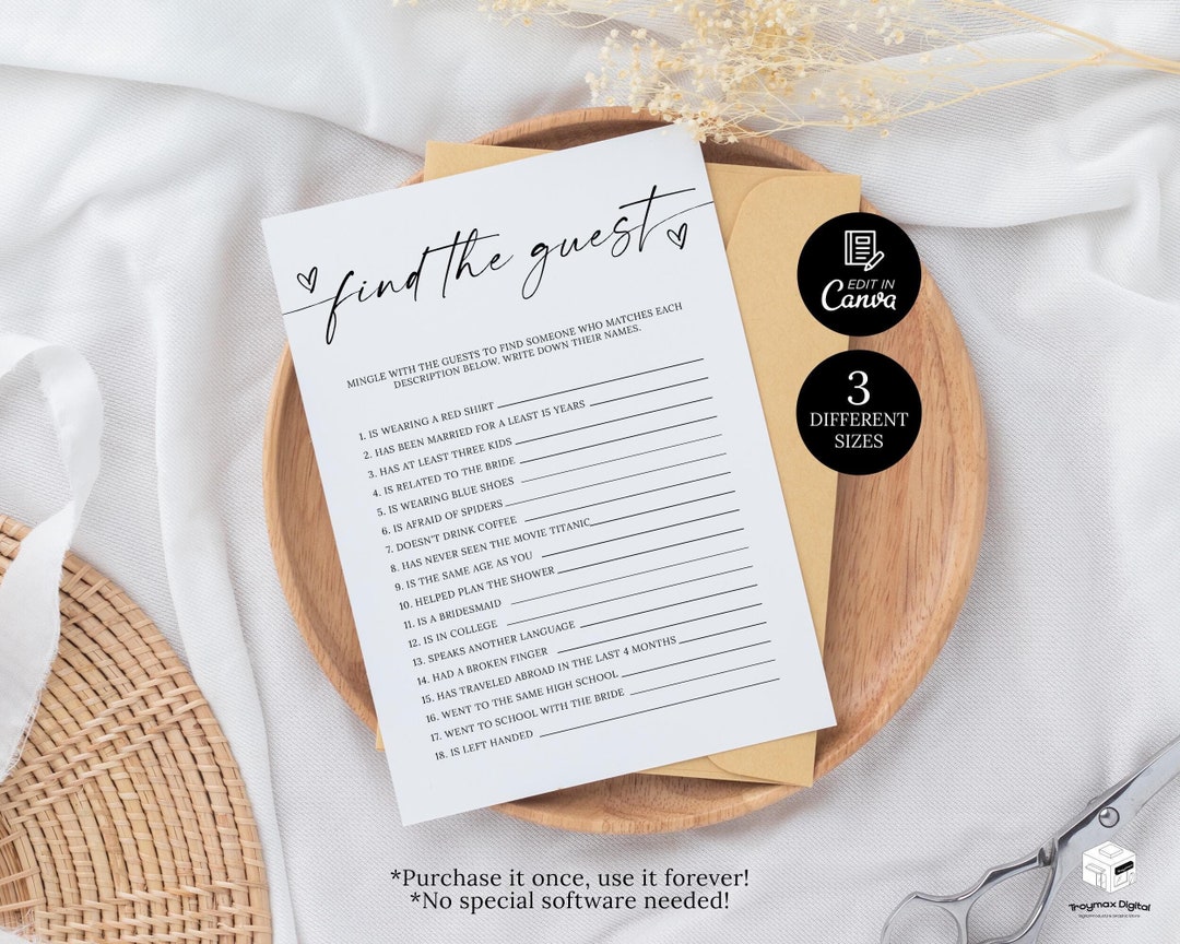 Find the Guest Bridal or Wedding Game Template, Minimalist Find the ...