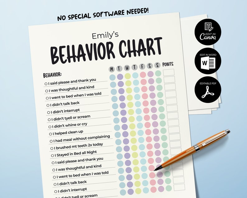 Editable Behavior Reward Chart for Kids, Good Behavior Tracking ...