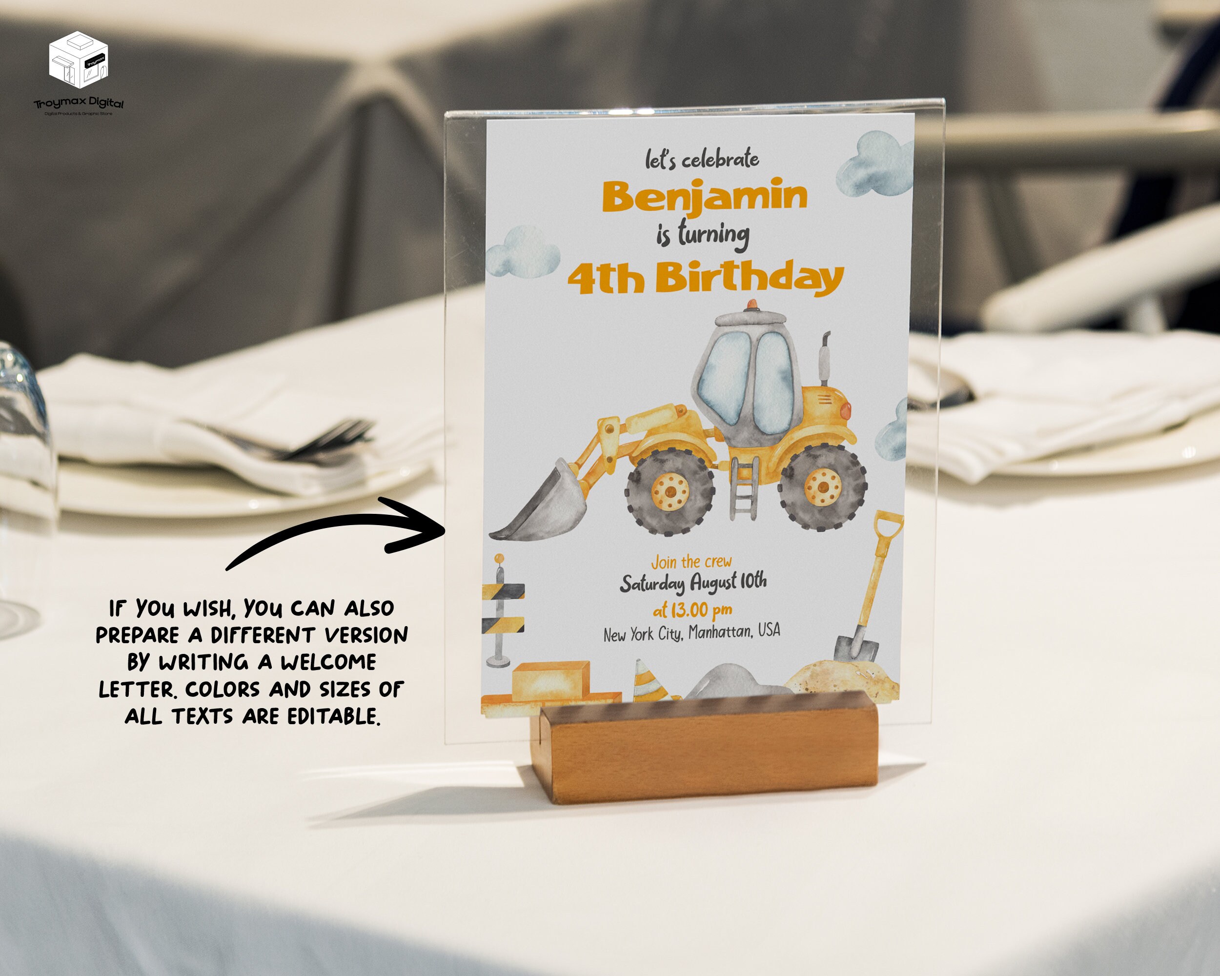 Editable Construction Machines Birthday Party Invitation Template for ...