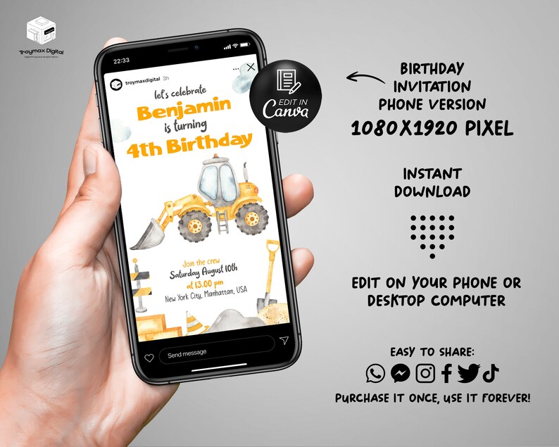 Editable Construction Machines Birthday Party Invitation Template for ...