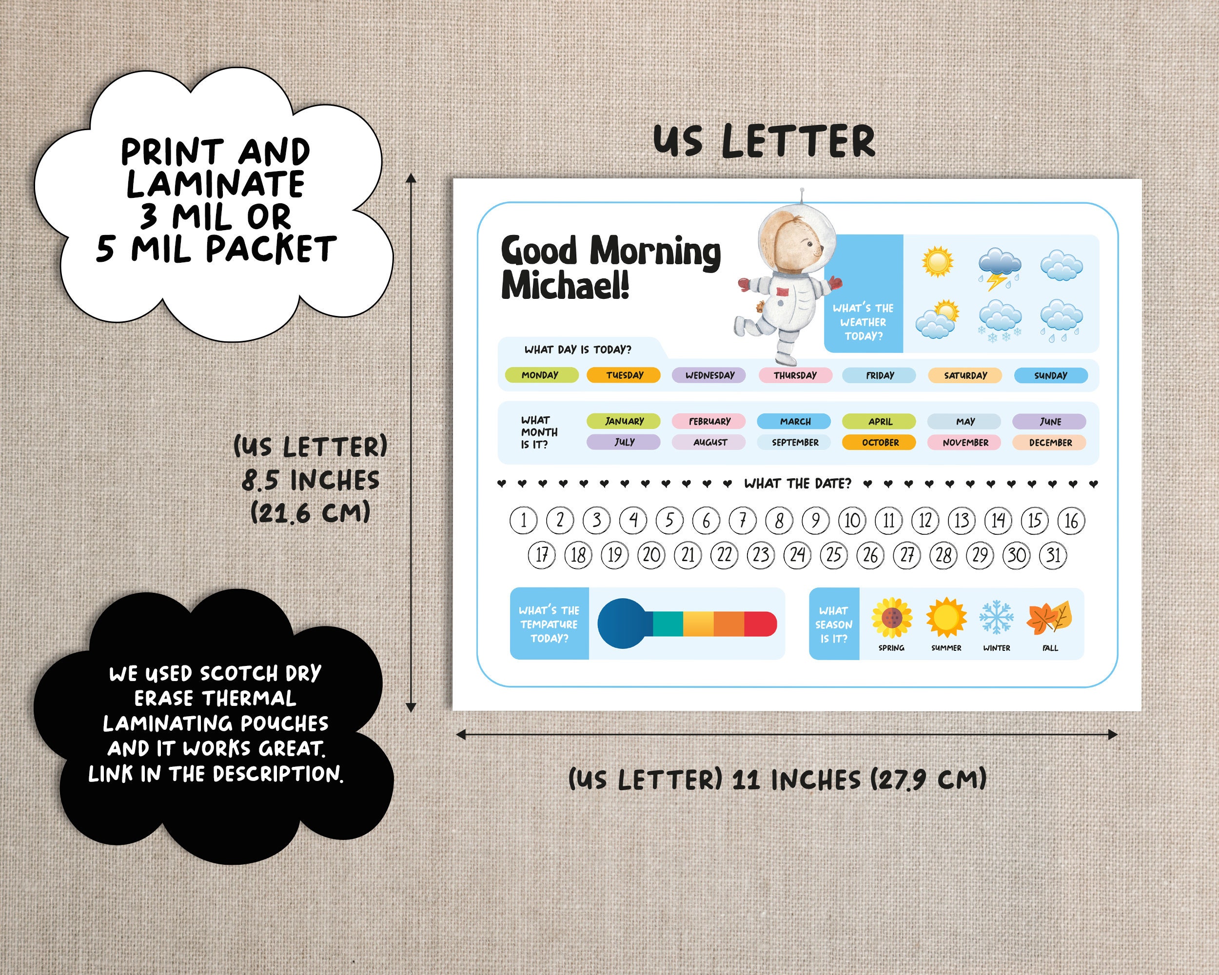 Daily Morning Board Template for Kids, Printable Wipeable Placemat for ...