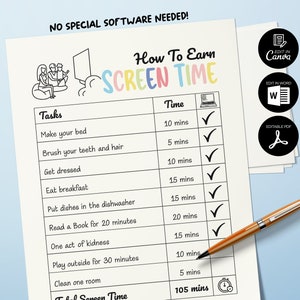 Screen Time Chart Checklist Editable, Daily Screen Time Schedule ...