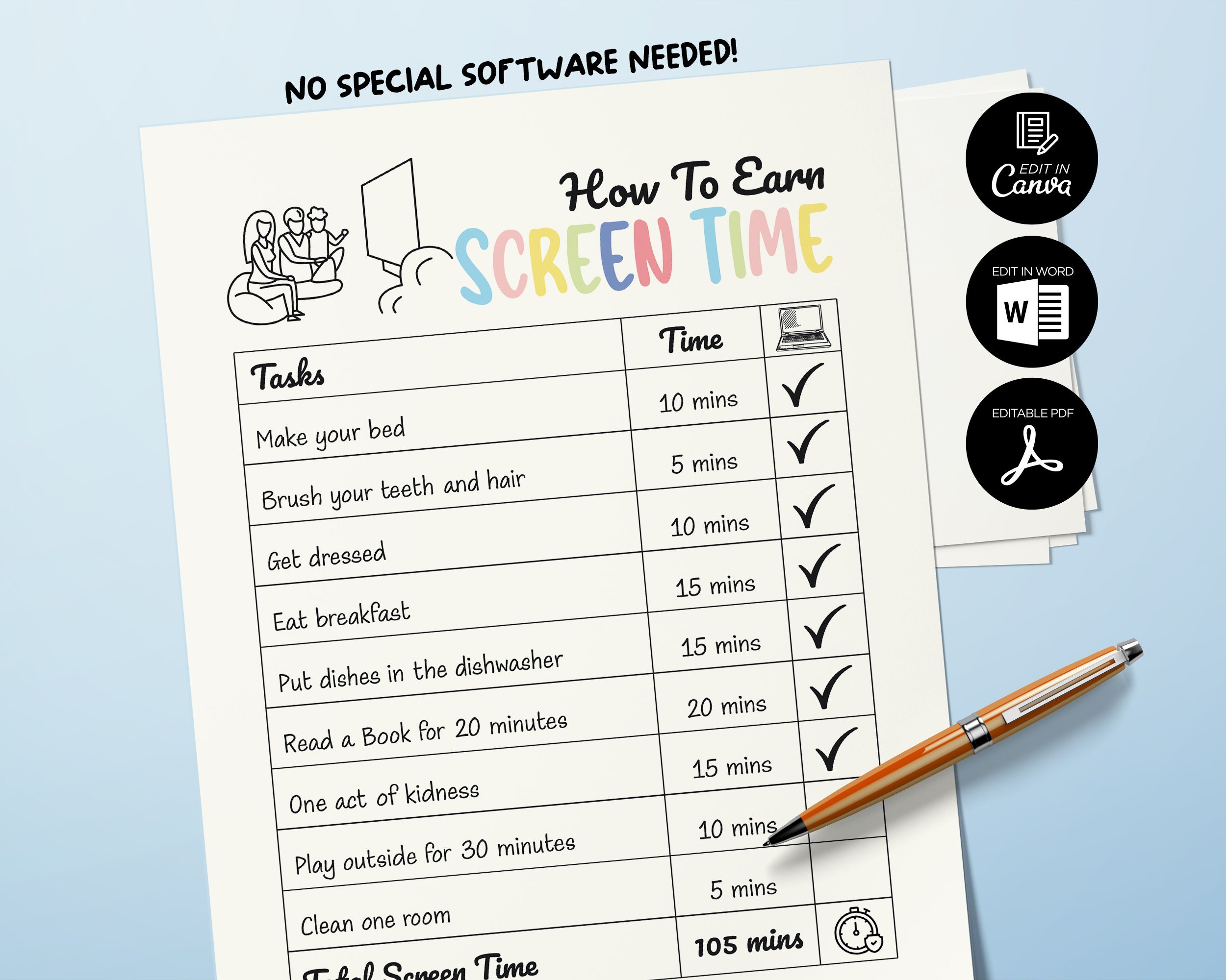 Screen Time Chart Checklist Editable, Daily Screen Time Schedule ...