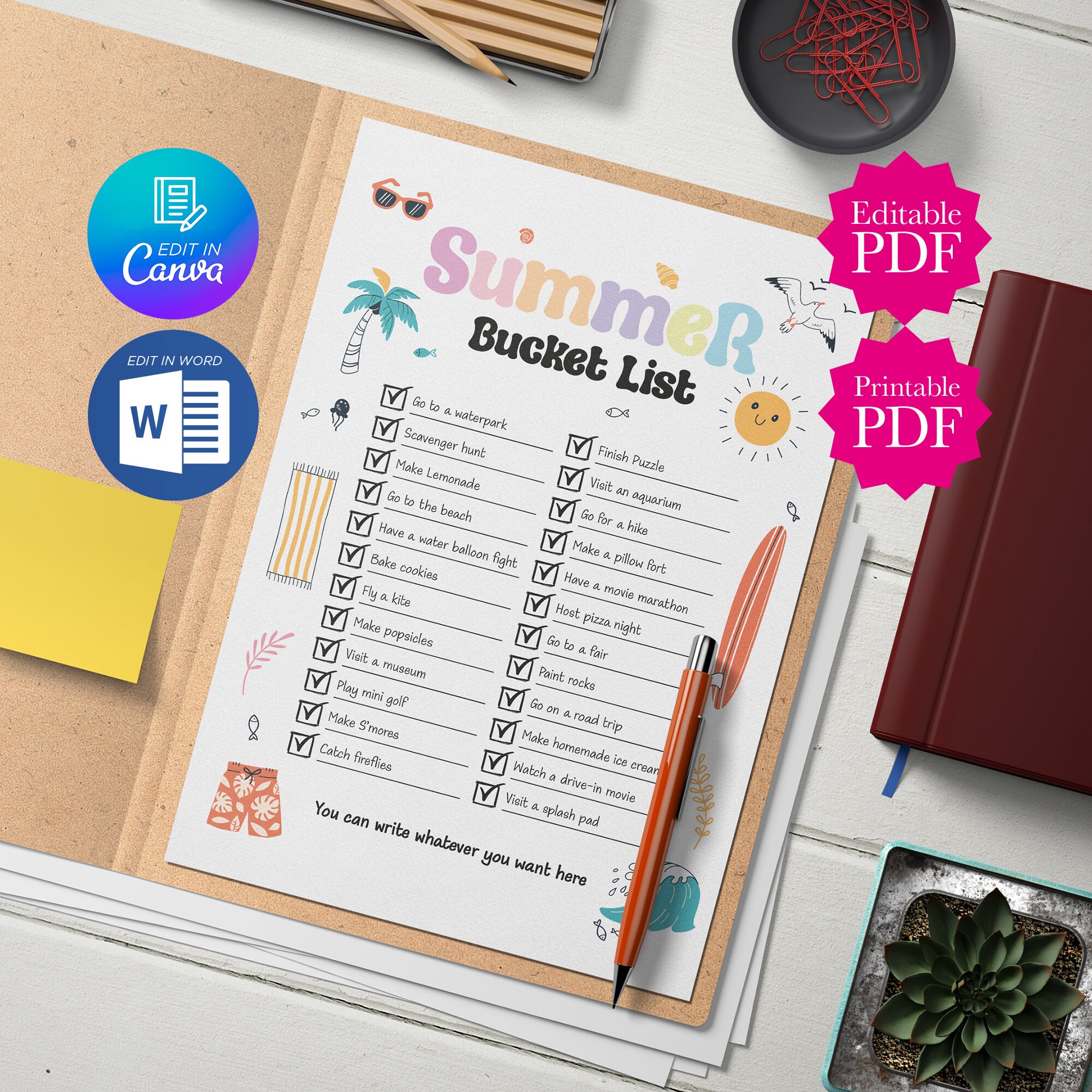 Summer Bucket List for Kids, Chart for Kids Editable, Summer Rules ...