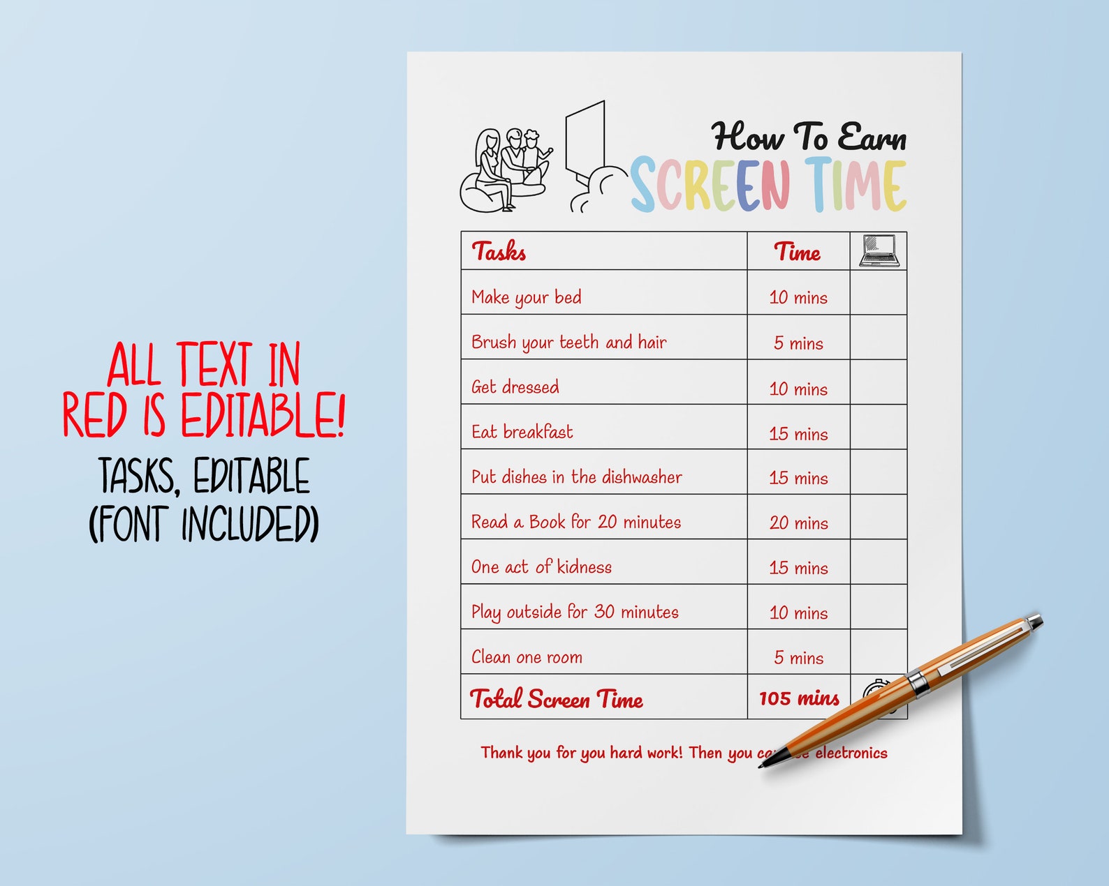 Screen Time Chart Checklist Editable, Daily Screen Time Schedule ...