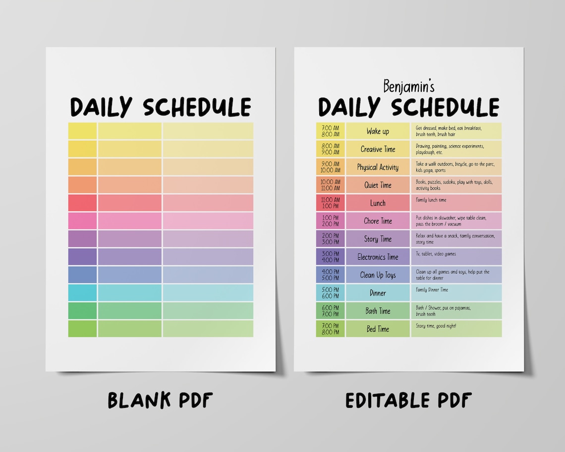 Editable Colorful Daily Schedule for Kids, Printable Daily Planner for ...