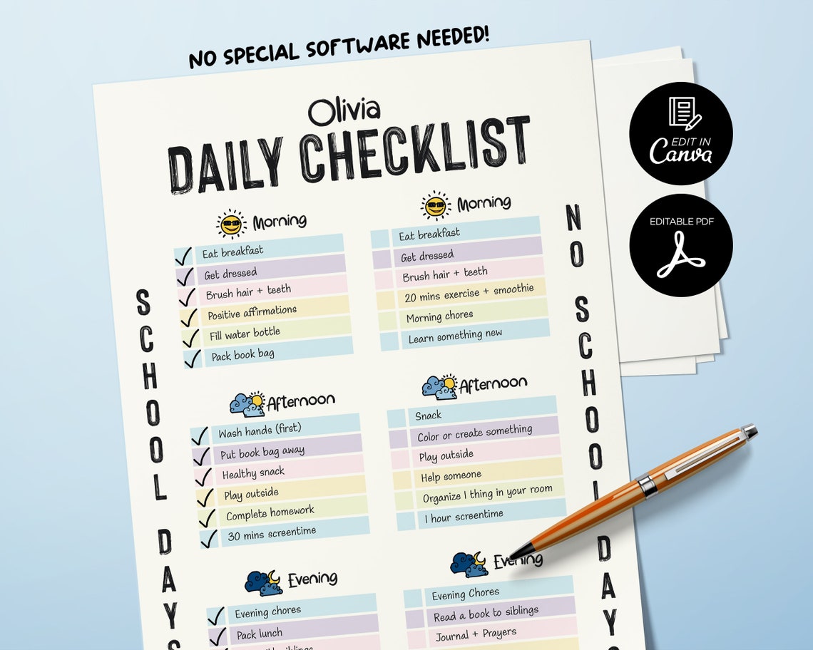 Editable Daily Checklist for Kids, Kids Responsibility Chart, Before ...