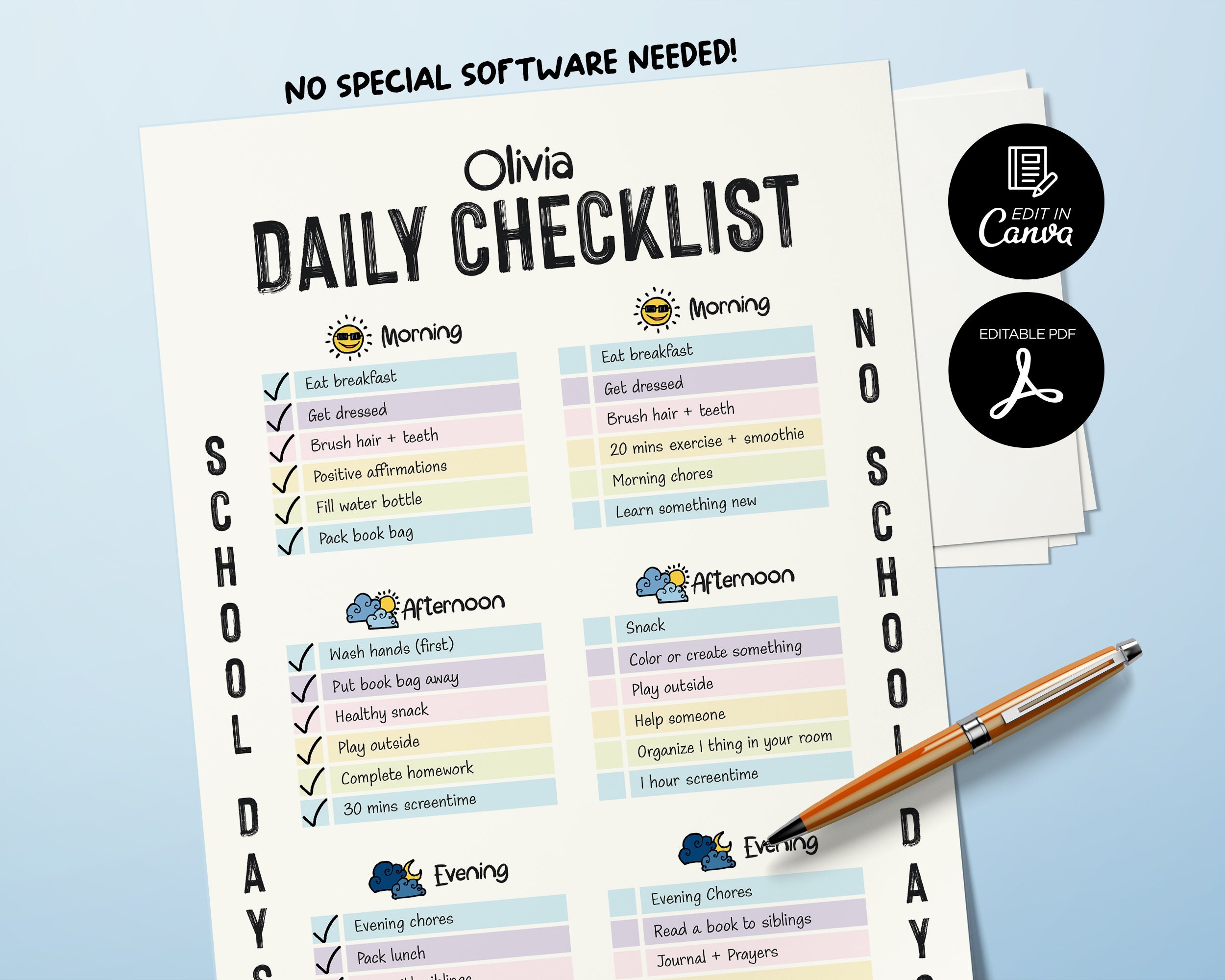 Editable Daily Checklist for Kids, Kids Responsibility Chart, Before ...