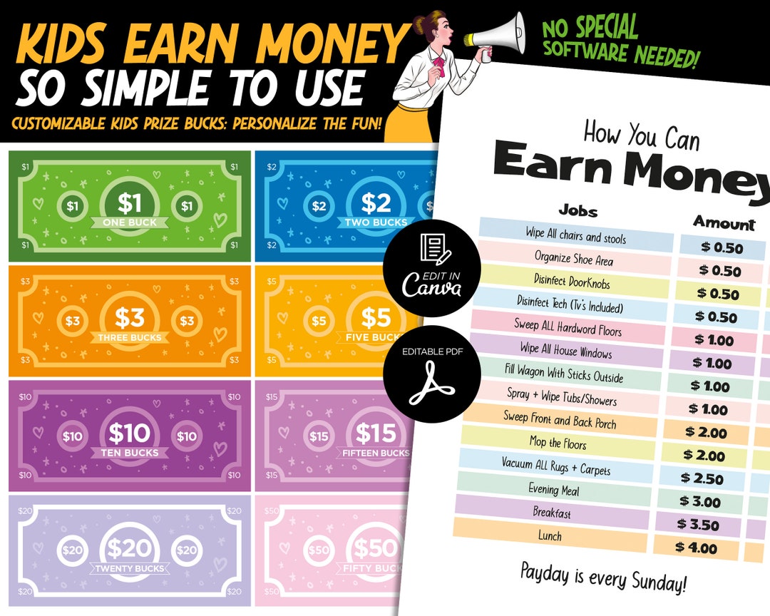 Earn Money Chore Chart, Editable Kids Reward Bucks, Earn Money Chart ...