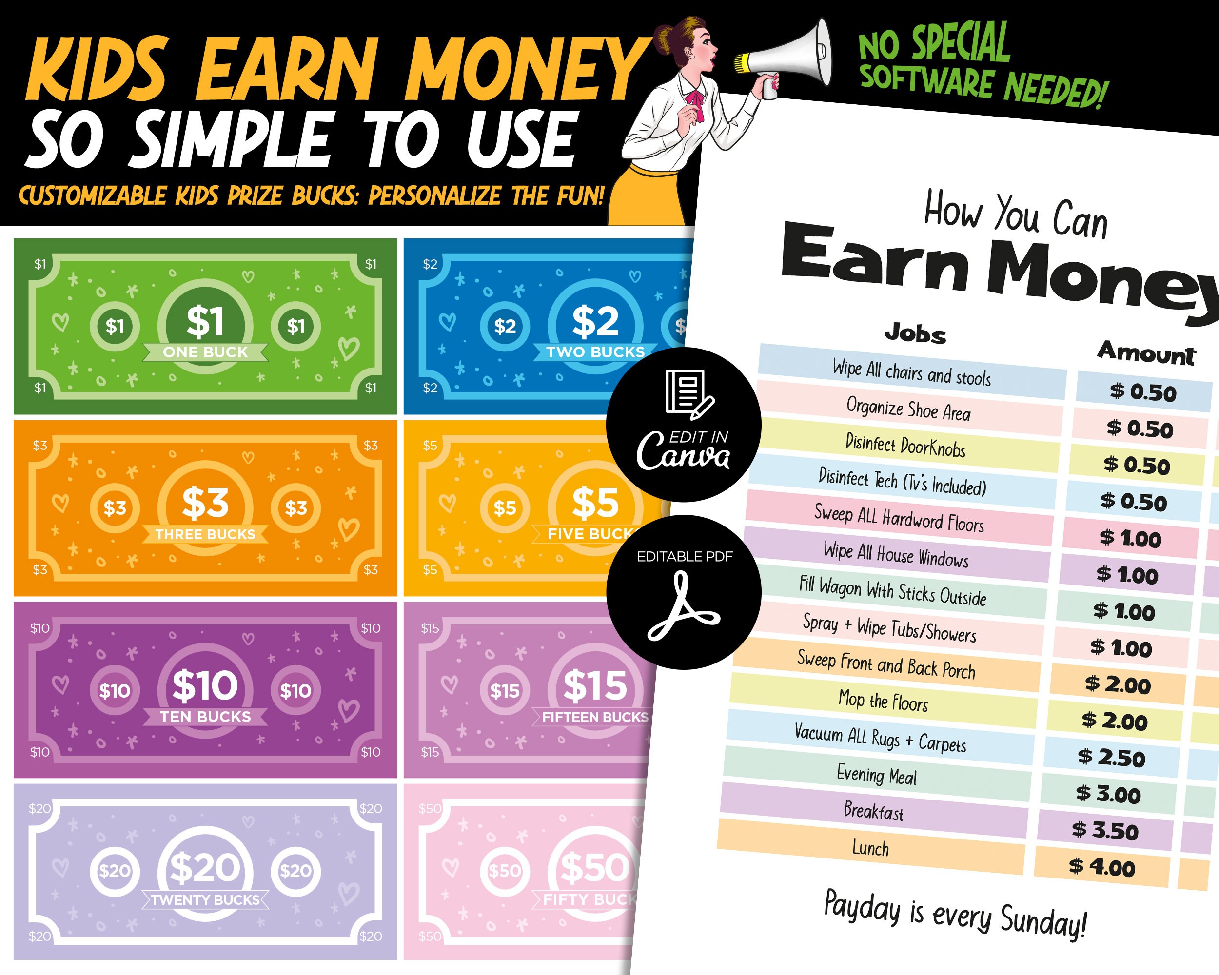 Earn Money Chore Chart, Editable Kids Reward Bucks, Earn Money Chart ...