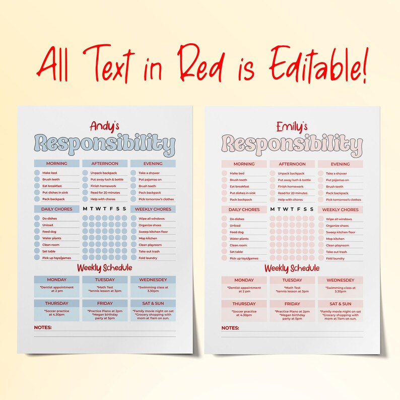 Editable Responsibility Chore Chart for Kids Daily Weekly - Etsy