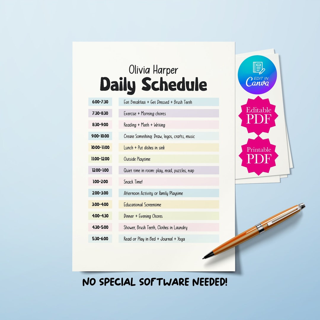 Editable Daily Schedule for Kids Printable Kids - Etsy