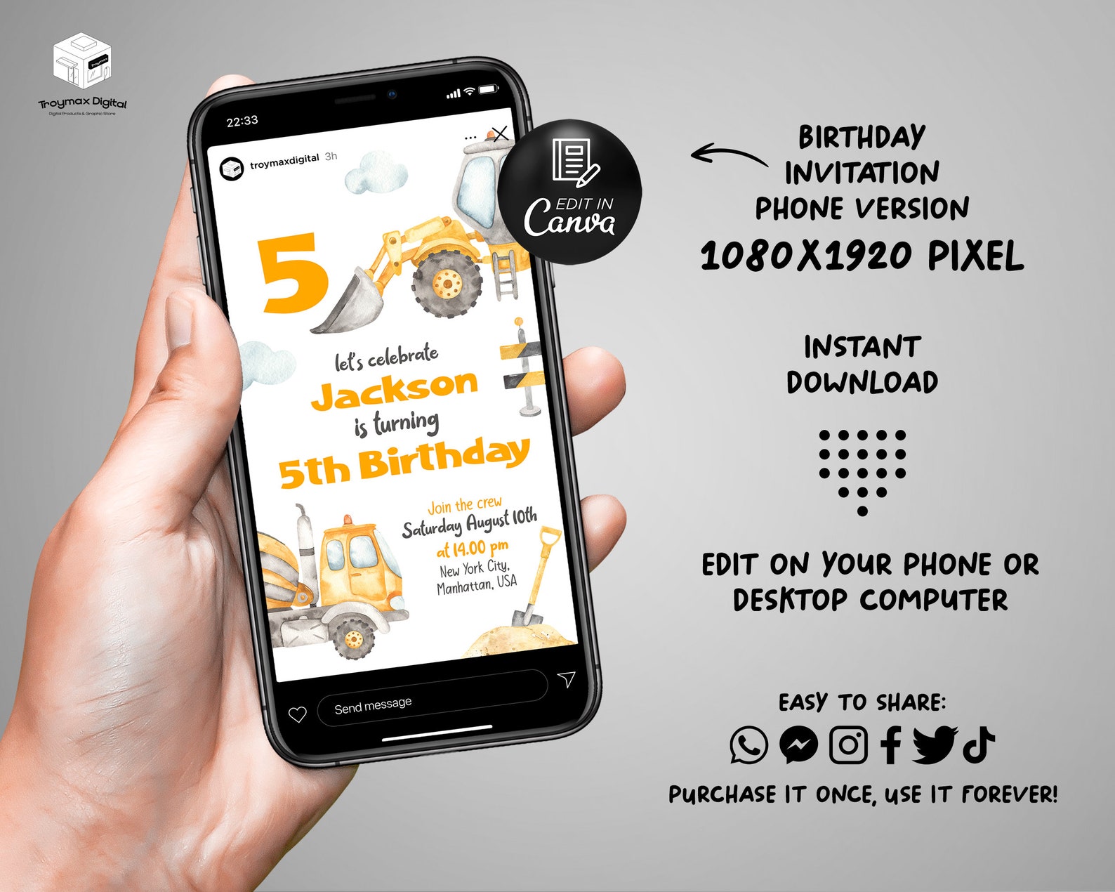 Printable Truck Machines Birthday for Kids Invitation Canva, Editable ...