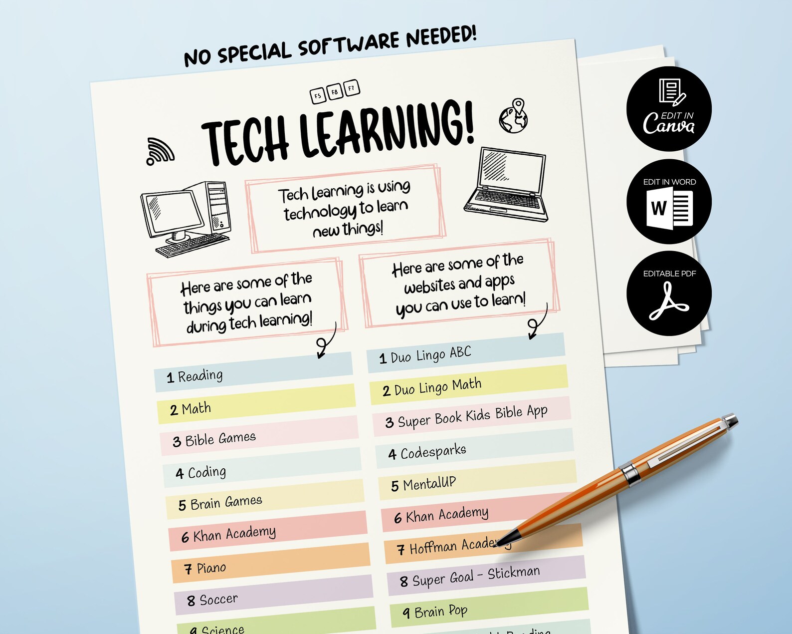 Tech Learning Planner, Educational Screen Time Ideas Chart for Kids ...
