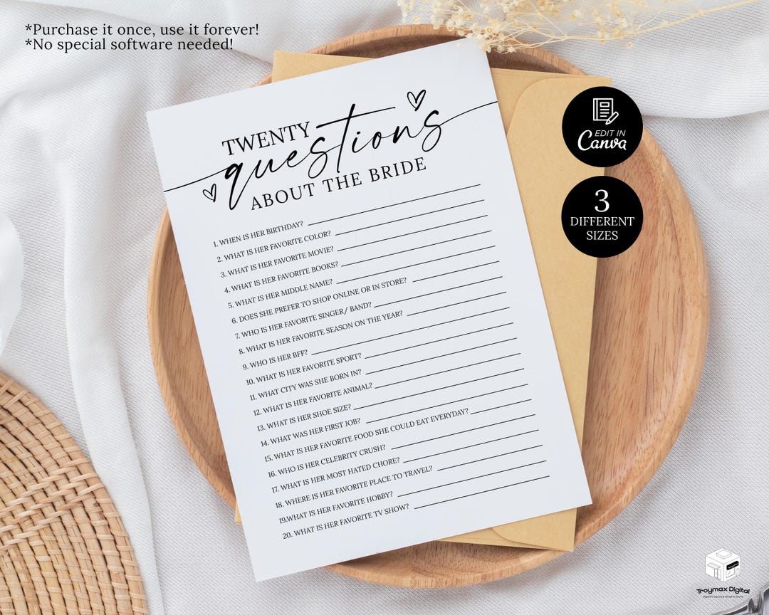 20 Questions About the Bride Game, Minimalist Bridal Trivia Game Card ...